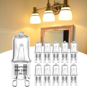 ivyemons g9 bulb 60 watt - 10pcs g9 halogen light bulbs 2 pin 120v 60w warm white, g9 dimmable bulb with g9 base, high output g9 light bulb for range hood light, chandeliers, cabinet light