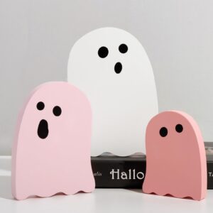 treory halloween table decorations indoor: 3ct halloween cute ghost decorations, pink white ghosts wood plank signs, pastel halloween tiered tray decor wooden ghost for home office party kid gifts