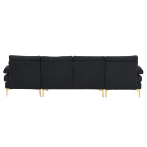 Contemp U-Shaped Sectional Sofa, 110" 4-Seat Sofa Couch with Chaise and Golden Iron Feet, Modular Design for Living Room Apartment Office (Black Linen)