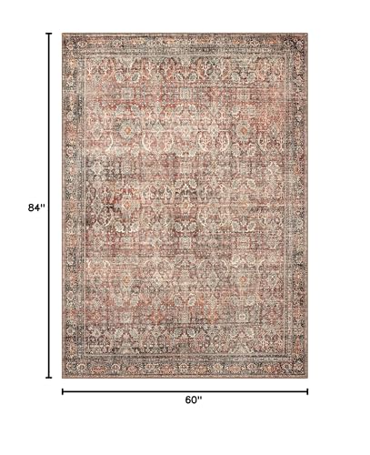 BESBLEE 5X7 Area Rugs Machine Washable Runner Rugs for Living Room Bedroom Hallway, Non Slip Indoor Soft Accent Distressed Boho Vintage Print Lightweight Thin Low Pile Carpet, Brick