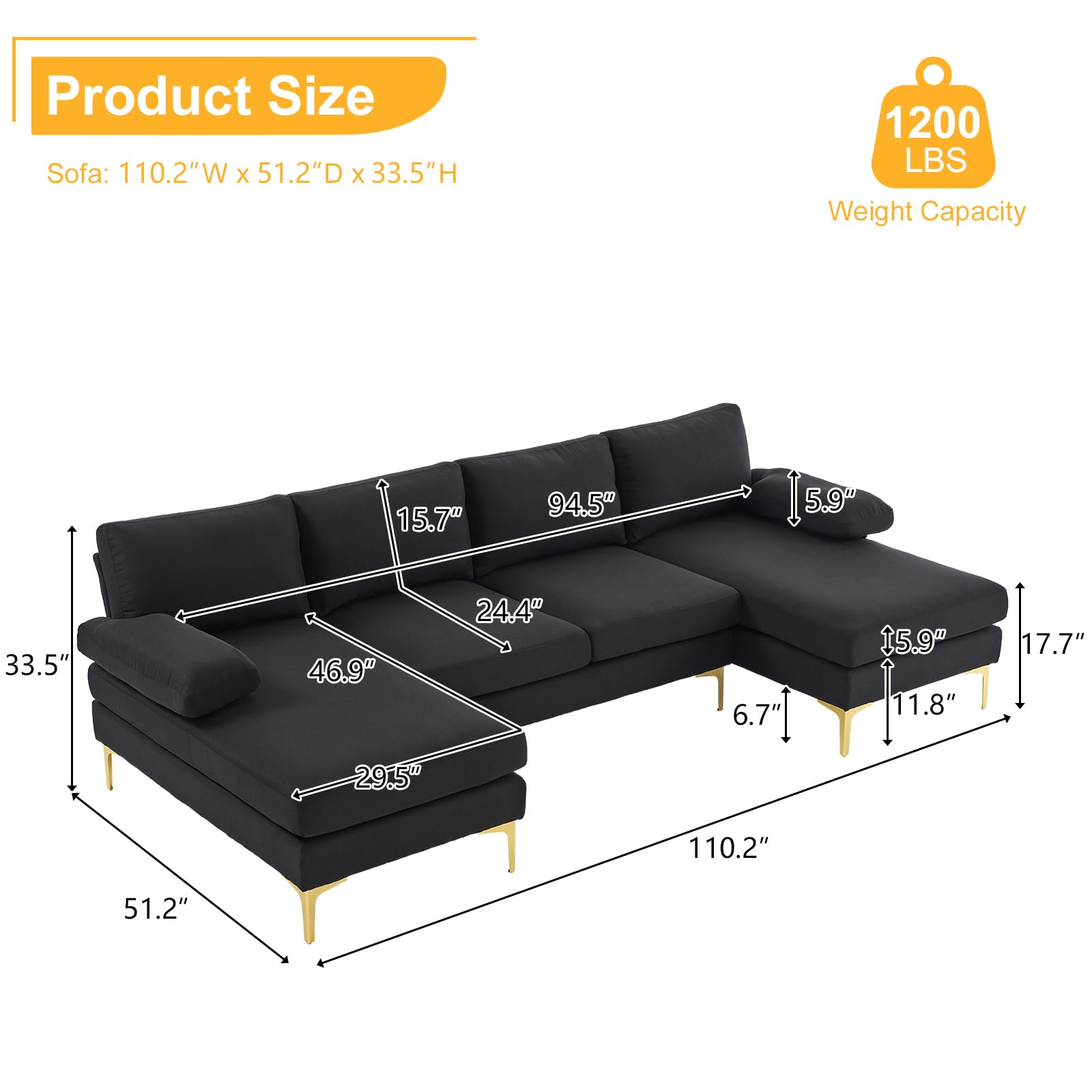 Contemp U-Shaped Sectional Sofa, 110" 4-Seat Sofa Couch with Chaise and Golden Iron Feet, Modular Design for Living Room Apartment Office (Black Linen)