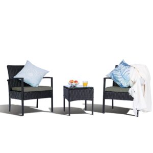 meissalivve 3 pieces outdoor patio furniture set, small wicker bistro conversation set for porch and balcony, all weather pe rattan chairs with table, backyard garden furniture (grey)