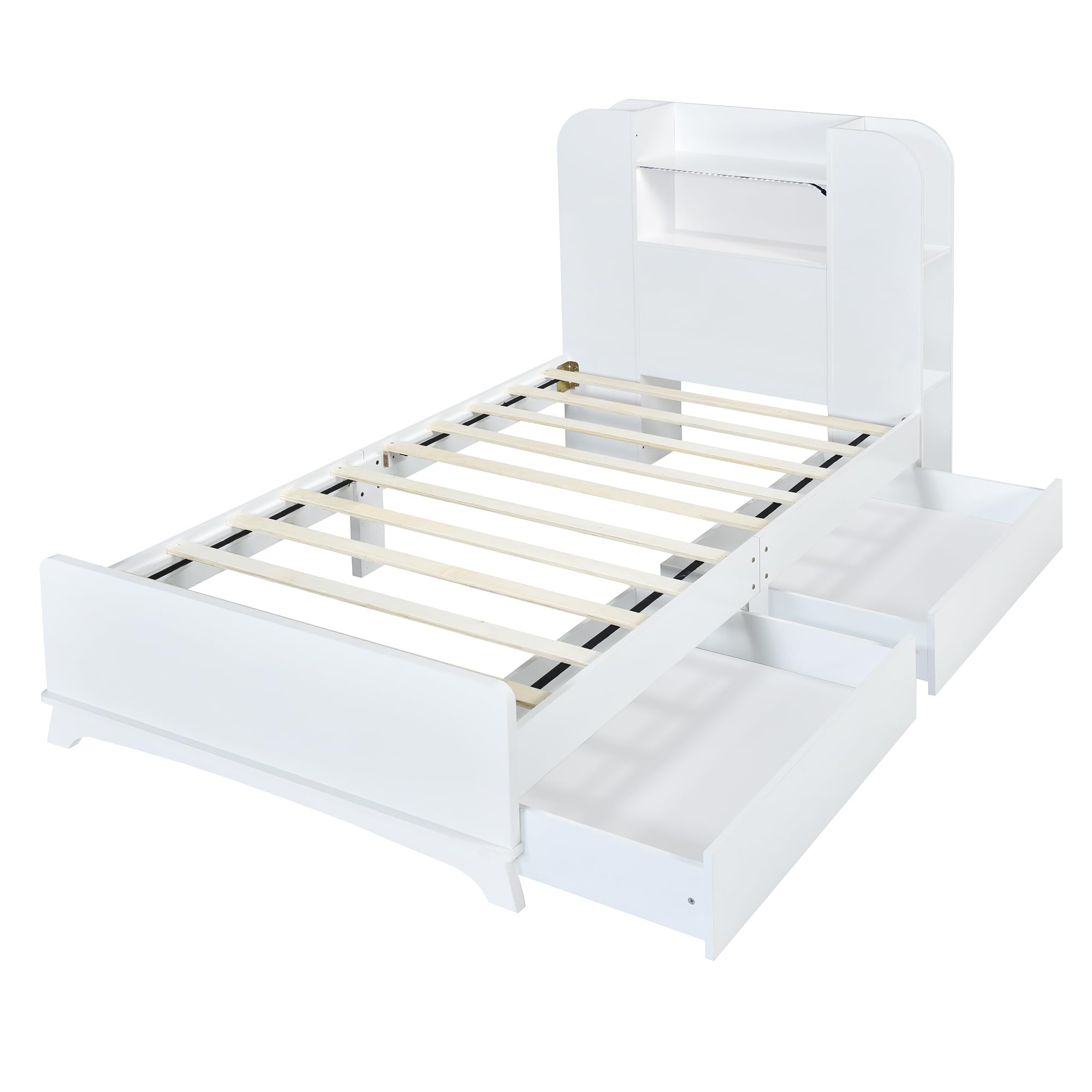 Jintop Twin Size Platform Bed Frame with 2 Drawers and Light Strip Design in Headboard,Bedroom Storage Wood Bed W/ 3 Bedside Open Shelves,Slat Support,for Girl Boy Kid,White