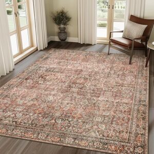 BESBLEE 5X7 Area Rugs Machine Washable Runner Rugs for Living Room Bedroom Hallway, Non Slip Indoor Soft Accent Distressed Boho Vintage Print Lightweight Thin Low Pile Carpet, Brick