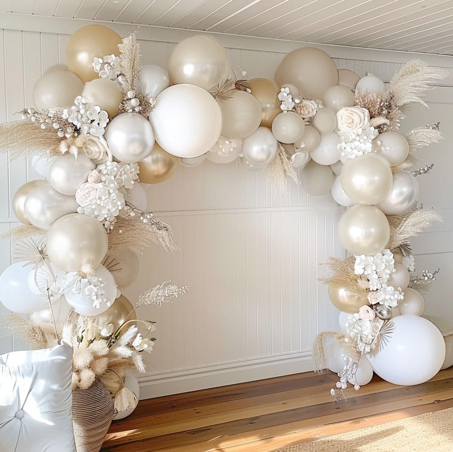 White Balloon Arch Pearl White Balloons Off White Gold Balloon Arch Kit Pearl White Sand Balloons Different Size For Wedding Bridal Anniversary Engagement Prom Party Decorations (WHITE GOLD)