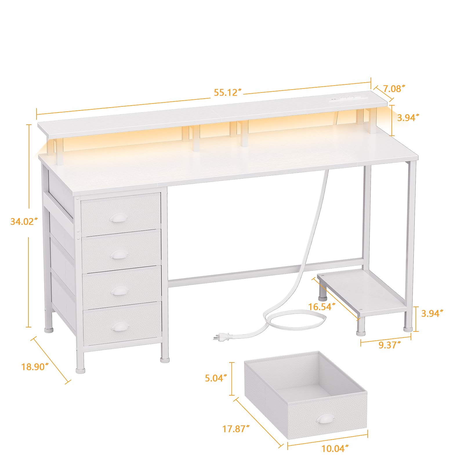 Furologee 55in Computer Desk with 4 Drawers, LED Gaming Desk with Power Outlets, Office Desk with Full Monitor Stand and Storage Shelf, Study Work Desk for Home Office Bedroom, White