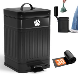 small dog poop trash can outside, 1.3 gal metal small outdoor trash can with lid for dog poop, dog waste container with pedal, dog poop garbage can, dog poop trash can, backyard odor control (black)