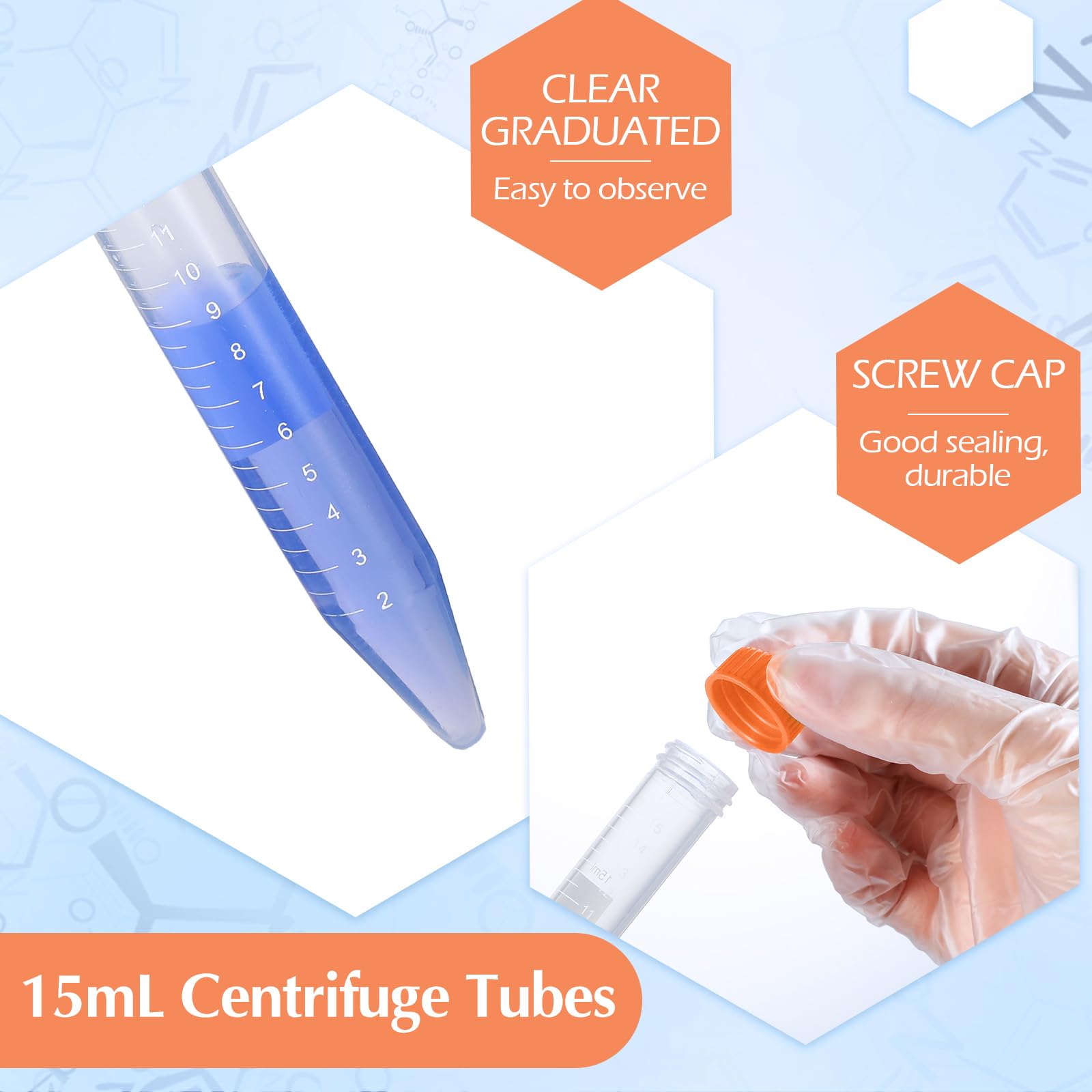 Konohan 200 Pcs Conical Centrifuge Tubes Plastic Sterile Test Tubes Lab Tubes Polypropylene Container with Screw Caps Graduated and Write Marks for Sample (15 ml)