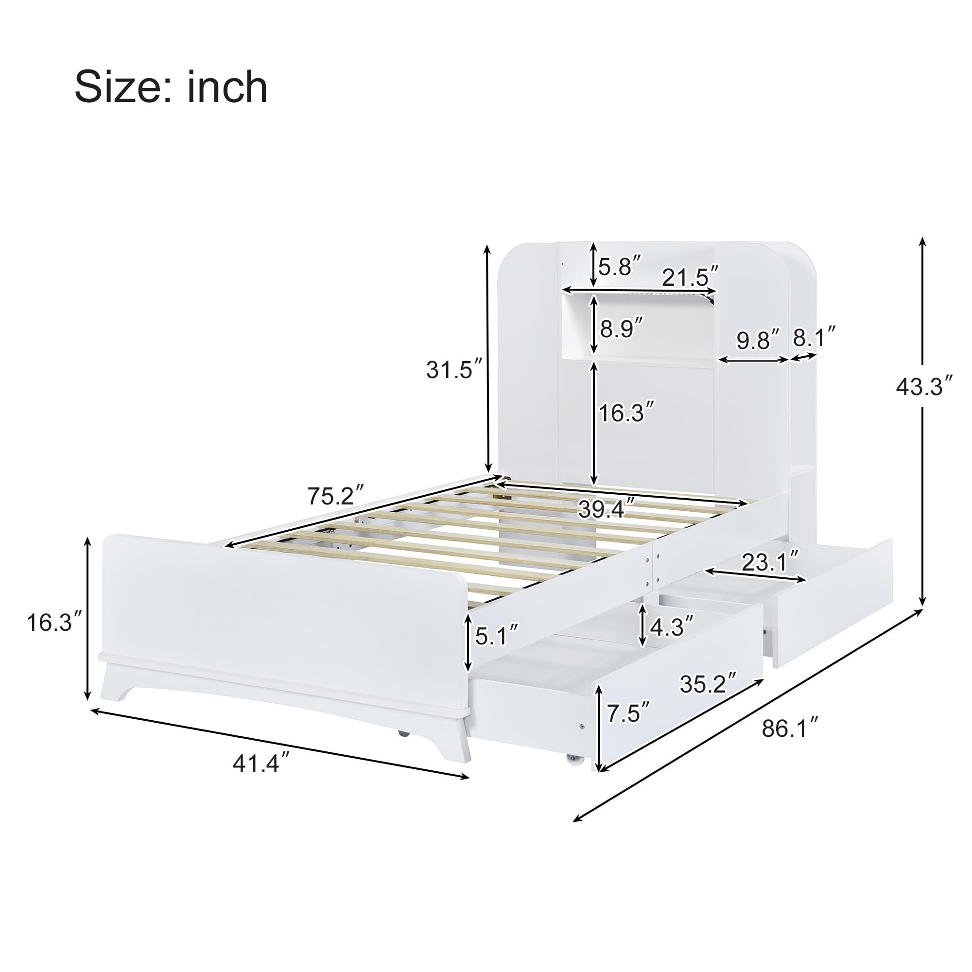 Jintop Twin Size Platform Bed Frame with 2 Drawers and Light Strip Design in Headboard,Bedroom Storage Wood Bed W/ 3 Bedside Open Shelves,Slat Support,for Girl Boy Kid,White