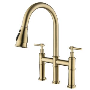 kitchen faucet with pull down sprayer, kitchen sink faucet 360° swivel, 2 handle kitchen faucet 3 holes, stainless steel kitchen faucet gold