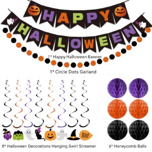 meowtastic Happy Halloween Banner Decorations - Halloween Banner with Honeycomb Ball, Halloween Hanging Swirl Streamer, Circle Dot Garland Decorations for Halloween theme Party Decorations