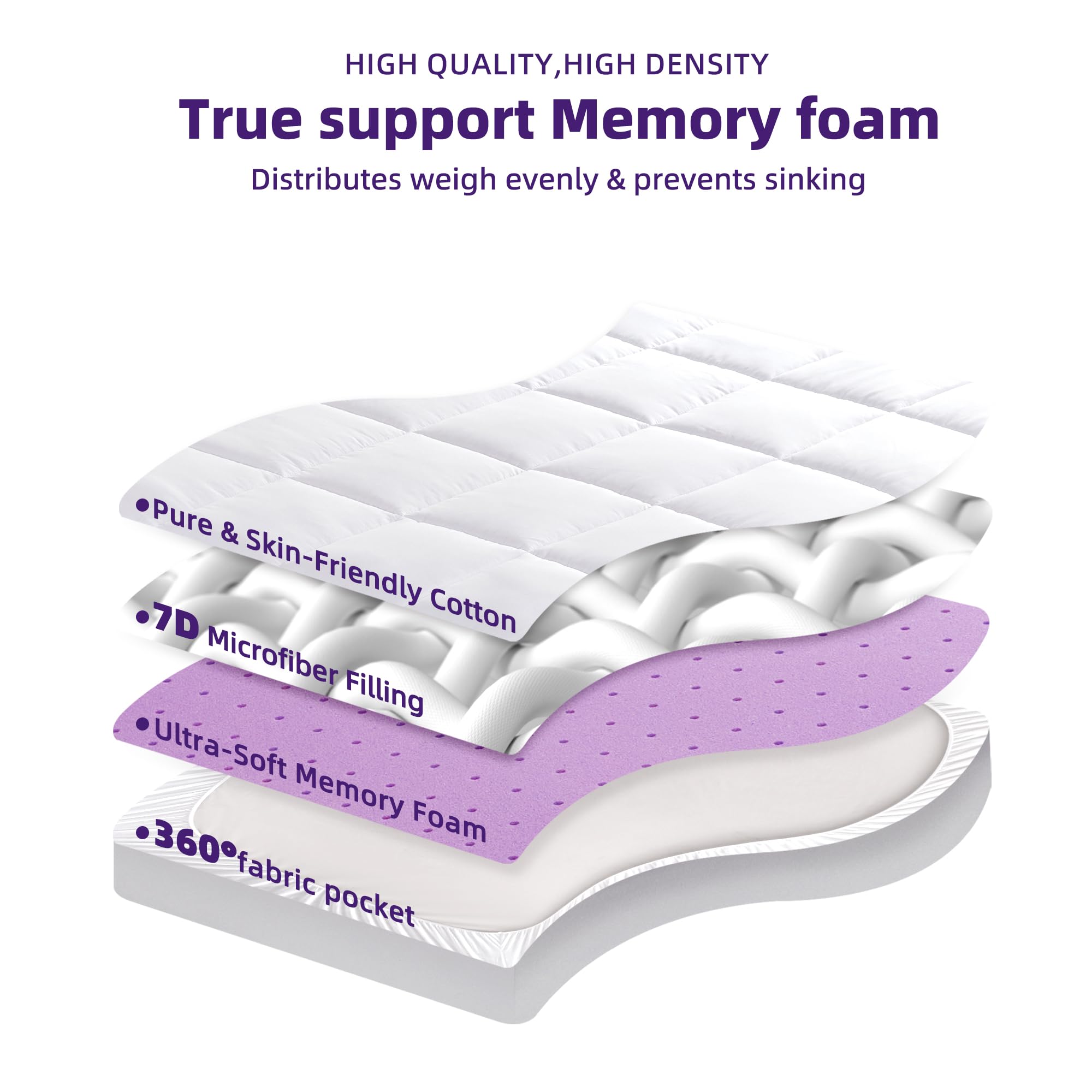 BDEUS 3 Inch Memory Foam with Mattress Pad in a Box,Ventilated Soft Mattress Pad, Bed Topper, CertiPUR-US Certified, King Size, Purple