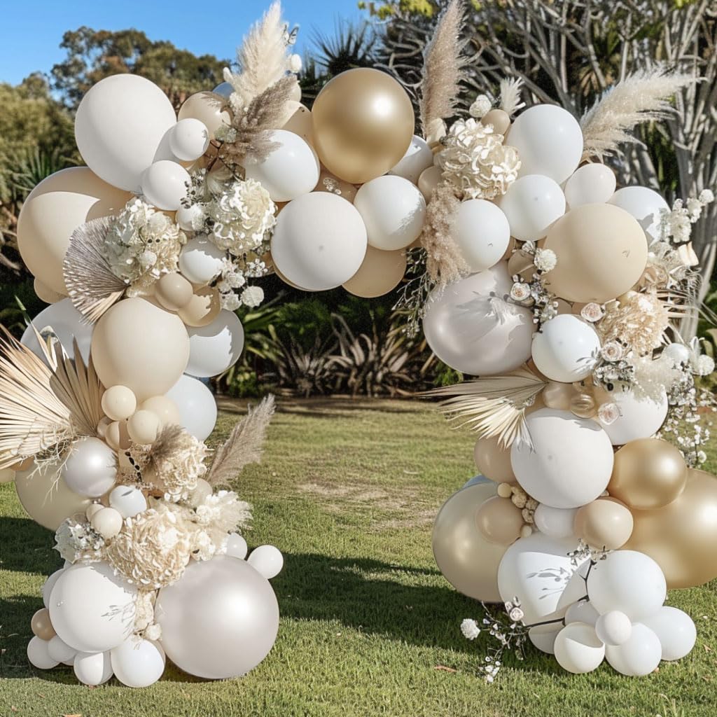 White Balloon Arch Pearl White Balloons Off White Gold Balloon Arch Kit Pearl White Sand Balloons Different Size For Wedding Bridal Anniversary Engagement Prom Party Decorations (WHITE GOLD)