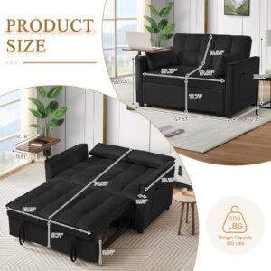 Velvet Sleeper Sofa Bed with Side Table, 3-in-1 Pull Out Loveseat with Adjustable Backrest, Modern Futon Couch with 2 Pockets and Pillows, Convertible Small Love Seat for Living Room, Bedroom, Black