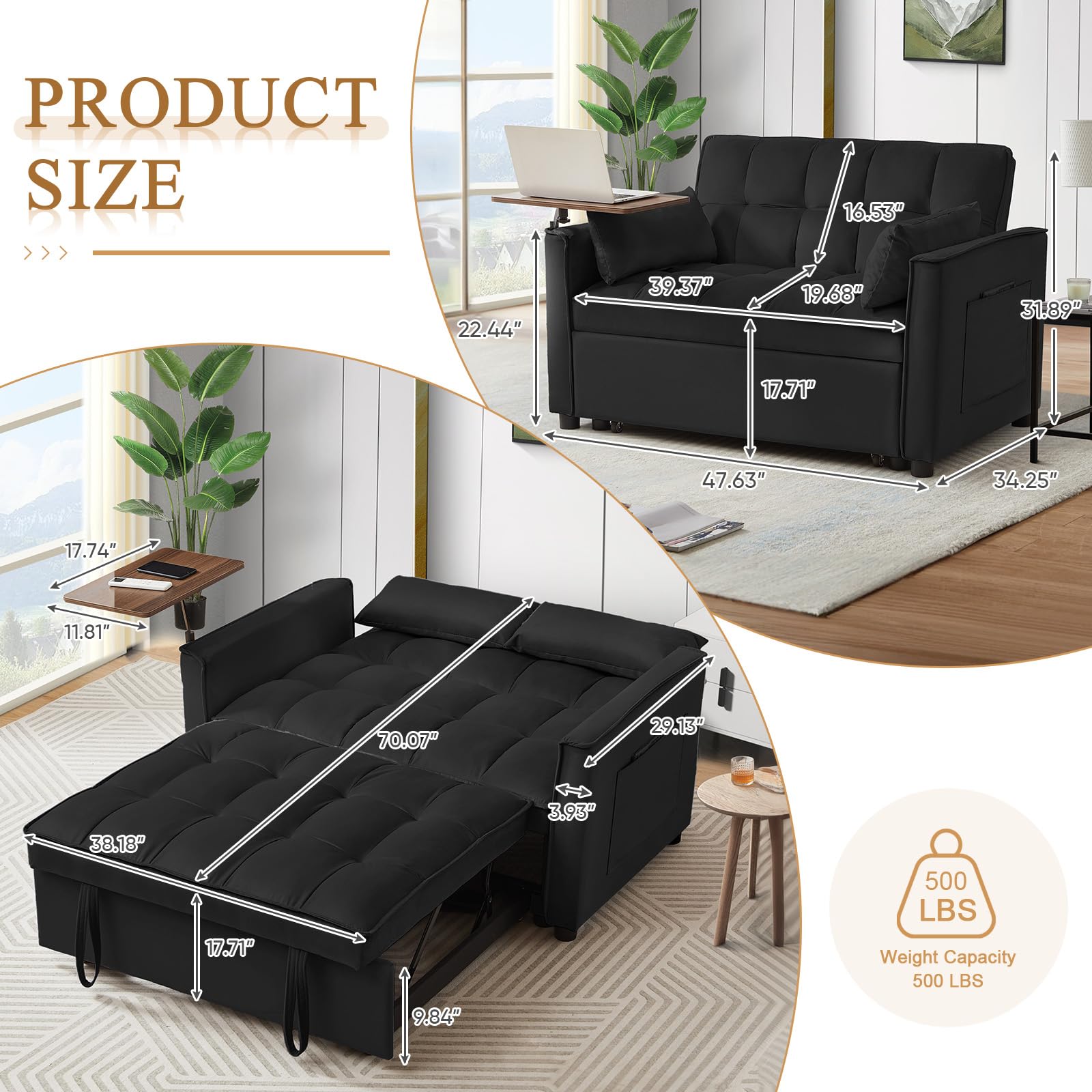 Velvet Sleeper Sofa Bed with Side Table, 3-in-1 Pull Out Loveseat with Adjustable Backrest, Modern Futon Couch with 2 Pockets and Pillows, Convertible Small Love Seat for Living Room, Bedroom, Black