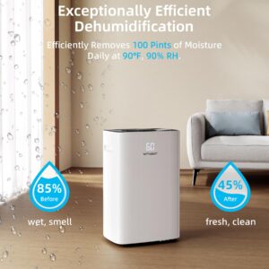 6000 Sq. Ft Dehumidifier for Basement, Wpsoert 100 Pints Dehumidifiers for Home Large Room with Drain Hose, Intelligent Humidity Control, Three Modes Deshumidificador, Child Lock, 24H Timer