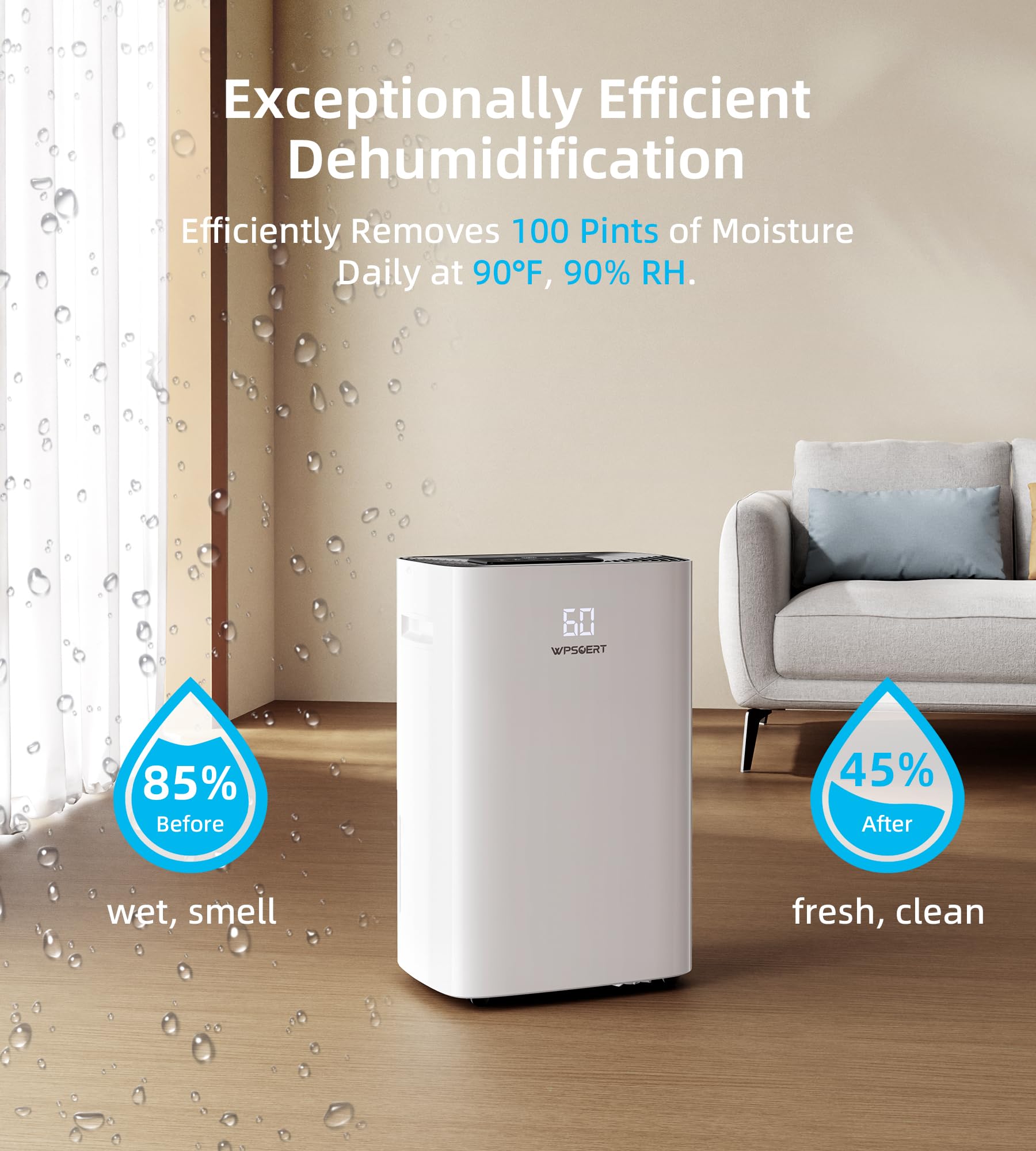 6000 Sq. Ft Dehumidifier for Basement, Wpsoert 100 Pints Dehumidifiers for Home Large Room with Drain Hose, Intelligent Humidity Control, Three Modes Deshumidificador, Child Lock, 24H Timer