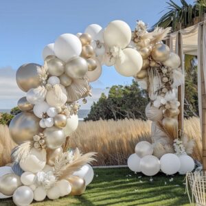 White Balloon Arch Pearl White Balloons Off White Gold Balloon Arch Kit Pearl White Sand Balloons Different Size For Wedding Bridal Anniversary Engagement Prom Party Decorations (WHITE GOLD)