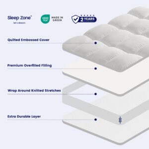 SLEEP ZONE Queen Mattress Topper Washable, Deep Pocket Mattress Pad, Thick Fitted Mattress Cover for Back Pain, Breathable Mattress Protector, Hotel Quality (White, Queen)