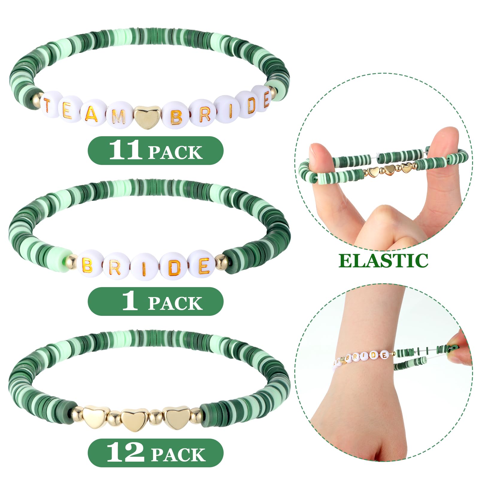 24 Pcs Team Bride Bracelet Bachelorette Party Accessories Bridesmaid Friendship Bracelet Polymer Clay Letter Bead Bracelet for Engagement Bridal Shower Wedding Favor(Sage Green)