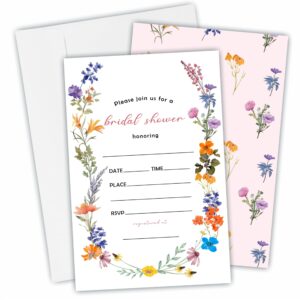 25 bridal shower invitation cards with envelopes - wild flowers - floral circles double-sided fill in style invites for newlyweds, wedding & bridal shower celebration, party favor & decorations - b13