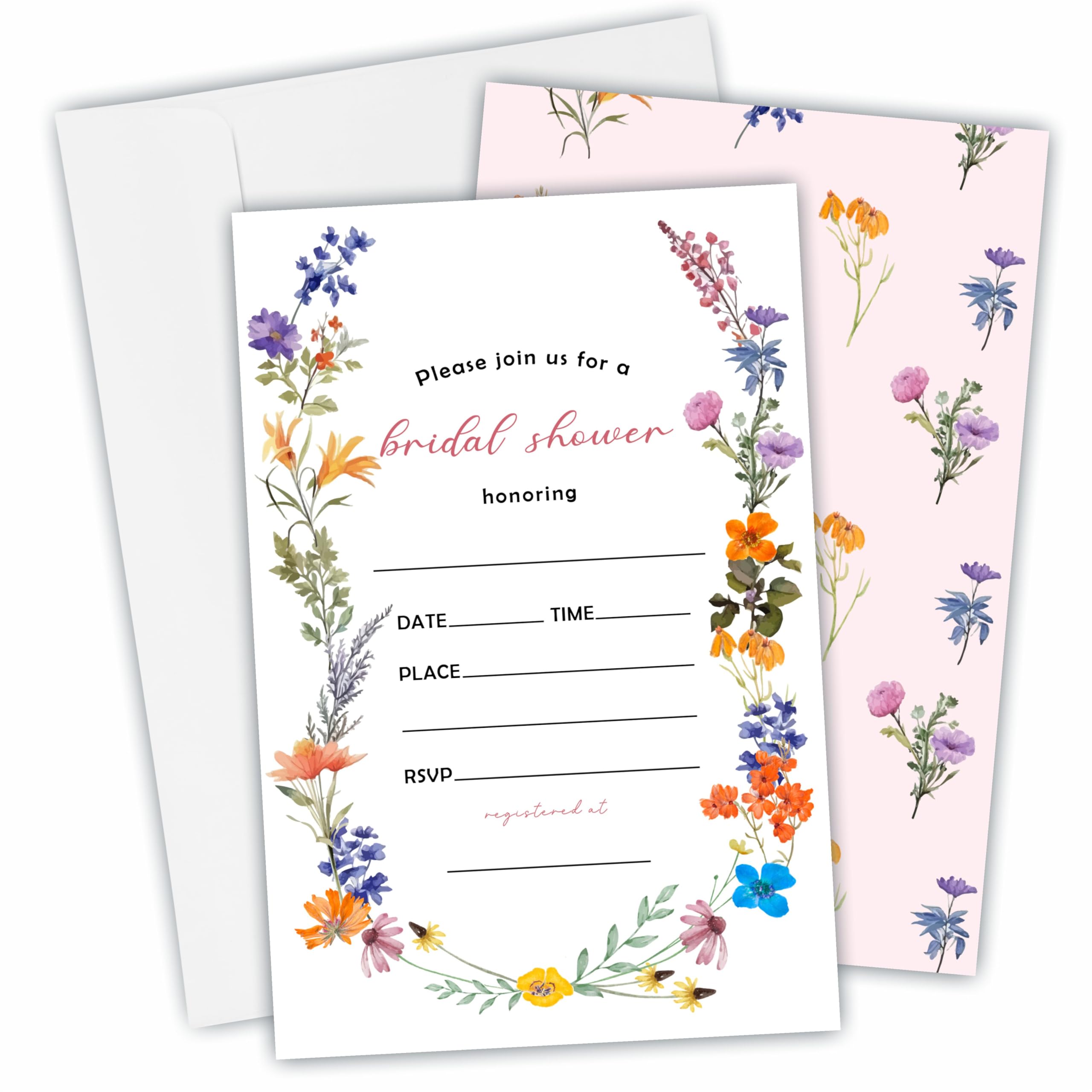 25 Bridal Shower Invitation Cards With Envelopes - Wild Flowers - Floral Circles Double-Sided Fill In Style Invites For Newlyweds, Wedding & Bridal Shower Celebration, Party Favor & Decorations - B13