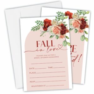 25 bridal shower invitation cards with envelopes - watercolor floral arch, fall in love - double-sided invites for newlyweds, wedding & bridal shower celebration, party favor & decorations - b20