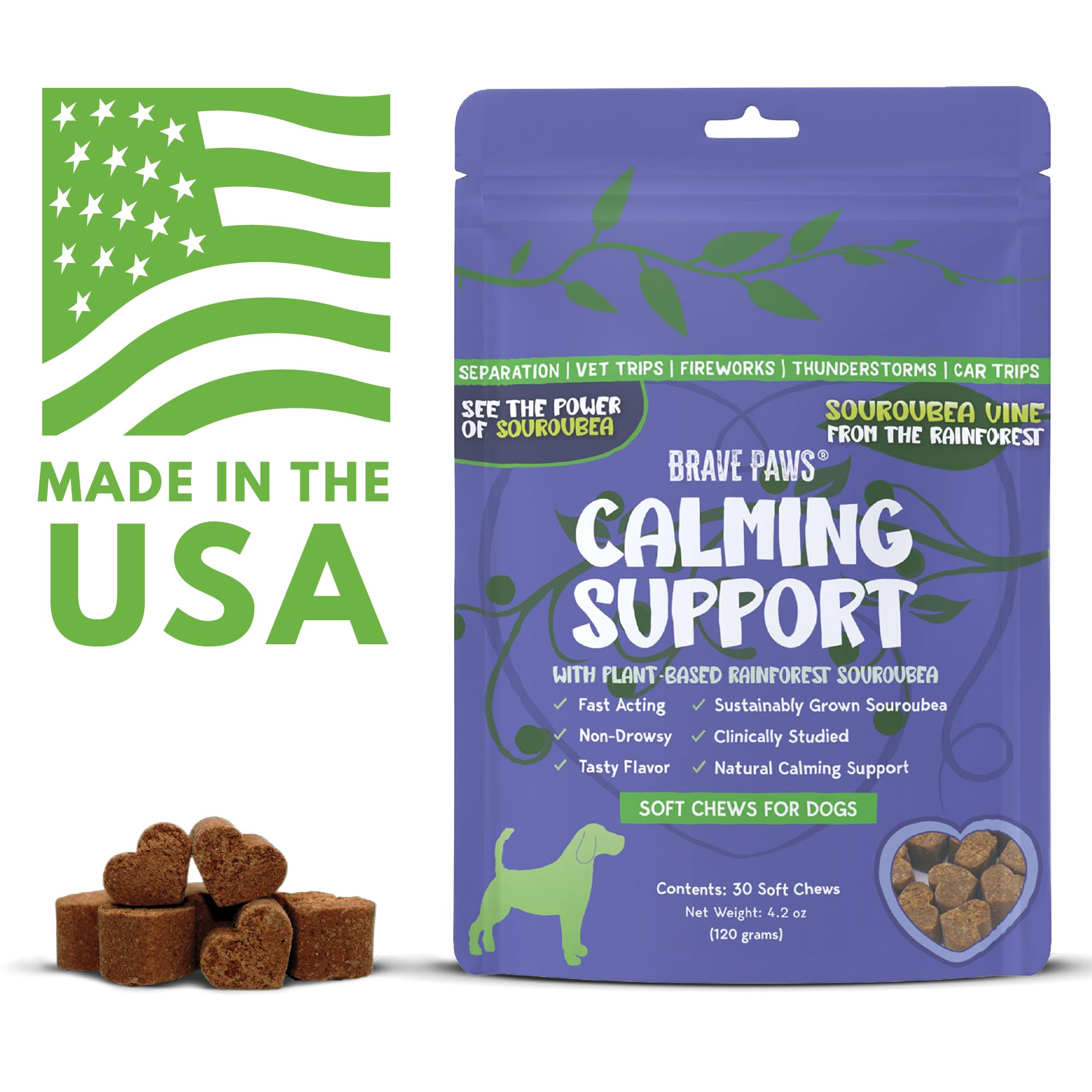 Calming Chews for Dogs Anxiety | Puppy & Dog Anxiety Relief Treats with Natural Souroubea | Calm Aid During Stress, Thunder, Storm, Separation, Car Travel, Motion, and Fireworks | Beef Flavor