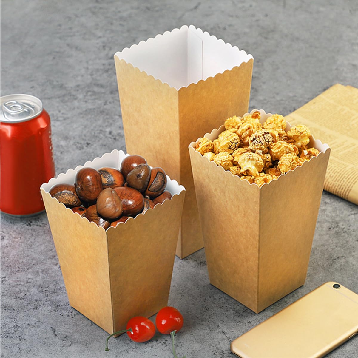 Gumney 12 Pcs Disposable Popcorn Boxes, Kraft Paper Popcorn Box Classic Open-top Popcorn Container for Movie Theater Carnival Birthday Party Supplies,Orange-XS