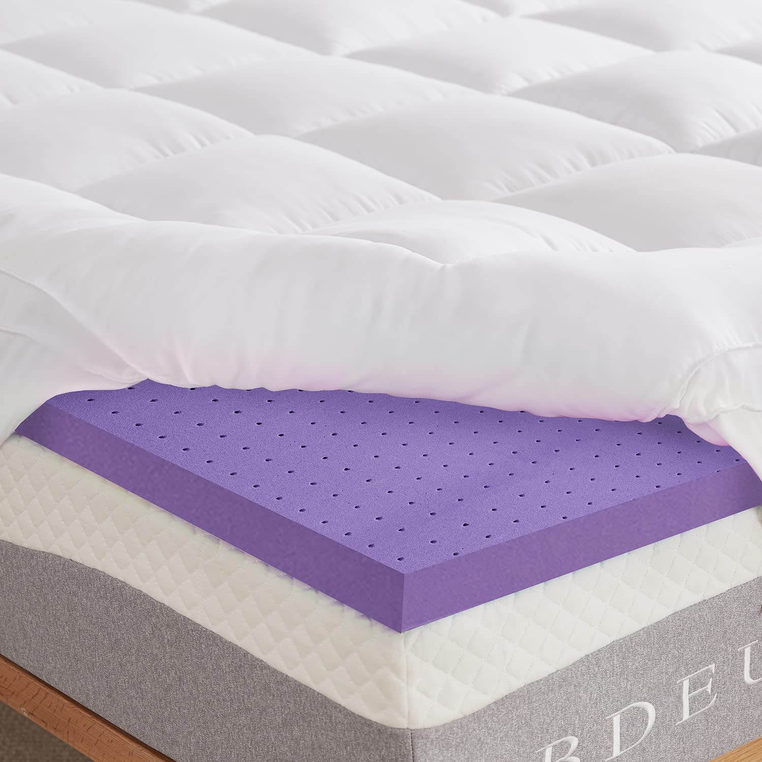 BDEUS 3 Inch Memory Foam with Mattress Pad in a Box,Ventilated Soft Mattress Pad, Bed Topper, CertiPUR-US Certified, King Size, Purple