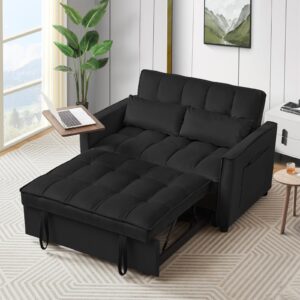 velvet sleeper sofa bed with side table, 3-in-1 pull out loveseat with adjustable backrest, modern futon couch with 2 pockets and pillows, convertible small love seat for living room, bedroom, black