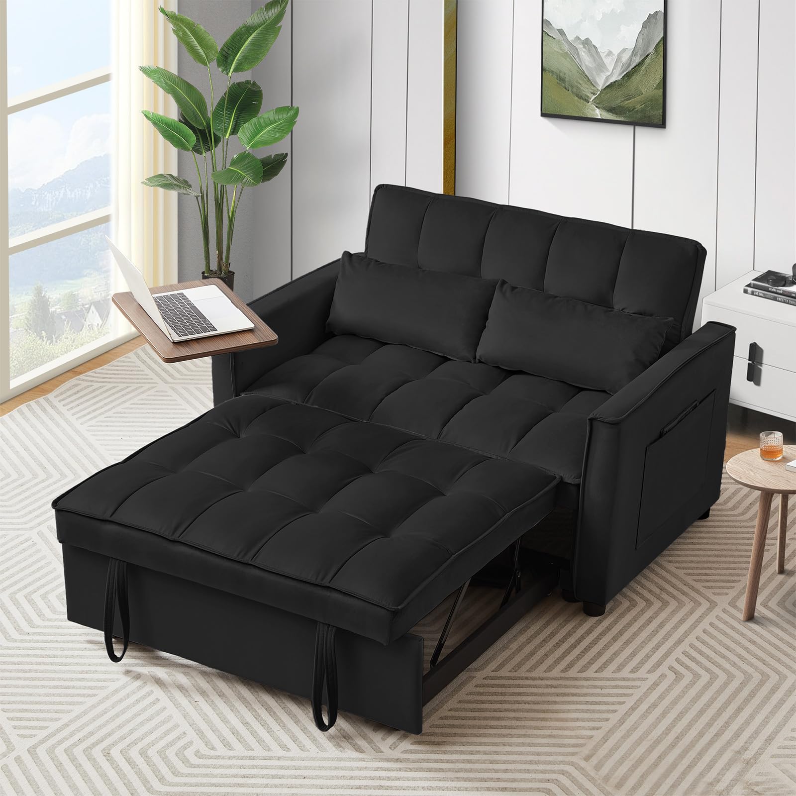 Velvet Sleeper Sofa Bed with Side Table, 3-in-1 Pull Out Loveseat with Adjustable Backrest, Modern Futon Couch with 2 Pockets and Pillows, Convertible Small Love Seat for Living Room, Bedroom, Black