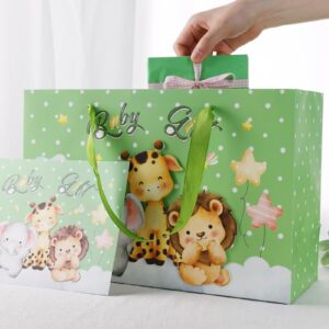 JOHOUSE 13" Large Baby Boy Gift Bag, Baby Shower Birthday Gift Bag with Tissue Paper Ribbon Greeting Card Green Gender Reveal Bag for Newborn 1st Birthday Party(Forest Animals Design)