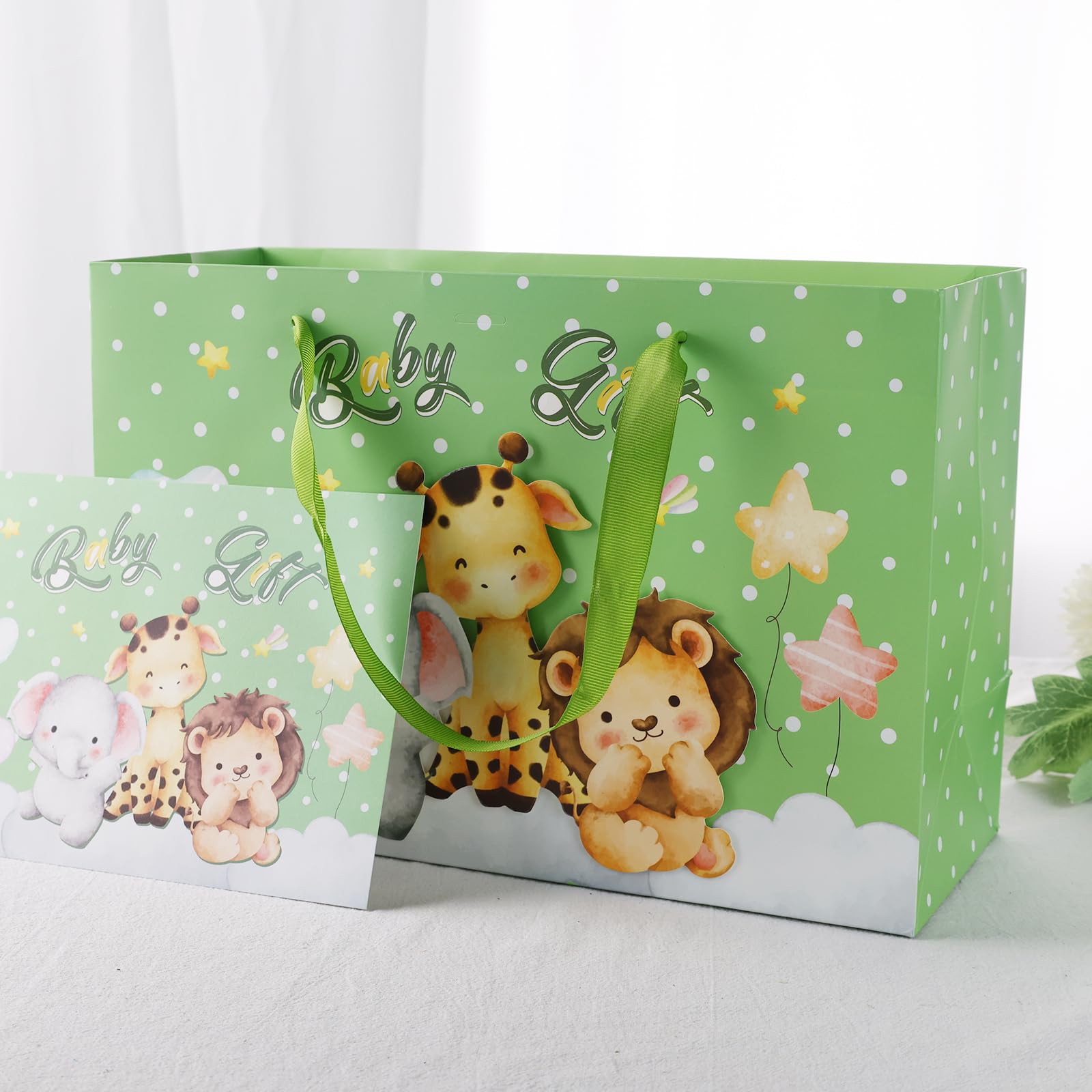 JOHOUSE 13" Large Baby Boy Gift Bag, Baby Shower Birthday Gift Bag with Tissue Paper Ribbon Greeting Card Green Gender Reveal Bag for Newborn 1st Birthday Party(Forest Animals Design)