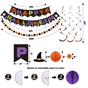 meowtastic Happy Halloween Banner Decorations - Halloween Banner with Honeycomb Ball, Halloween Hanging Swirl Streamer, Circle Dot Garland Decorations for Halloween theme Party Decorations