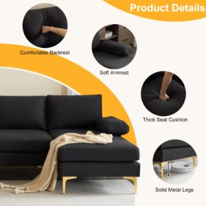 Contemp U-Shaped Sectional Sofa, 110" 4-Seat Sofa Couch with Chaise and Golden Iron Feet, Modular Design for Living Room Apartment Office (Black Linen)