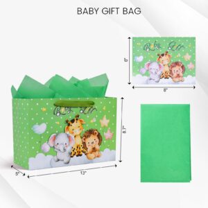 JOHOUSE 13" Large Baby Boy Gift Bag, Baby Shower Birthday Gift Bag with Tissue Paper Ribbon Greeting Card Green Gender Reveal Bag for Newborn 1st Birthday Party(Forest Animals Design)