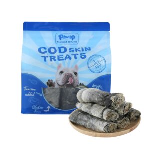 pawup cod skin dog treats natural fish skin roll dog snacks w/taurine, single ingredient cod skin chews, rich in omega 3, 16.2 oz