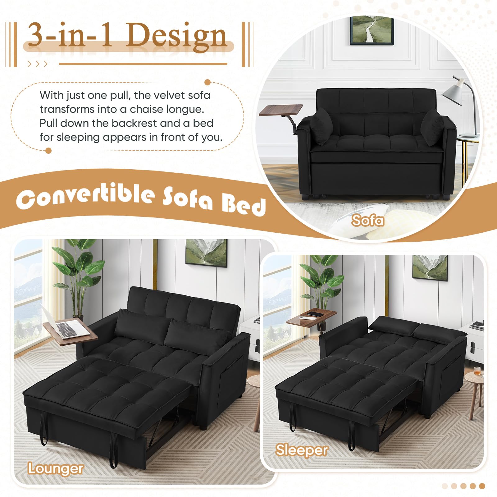 Velvet Sleeper Sofa Bed with Side Table, 3-in-1 Pull Out Loveseat with Adjustable Backrest, Modern Futon Couch with 2 Pockets and Pillows, Convertible Small Love Seat for Living Room, Bedroom, Black