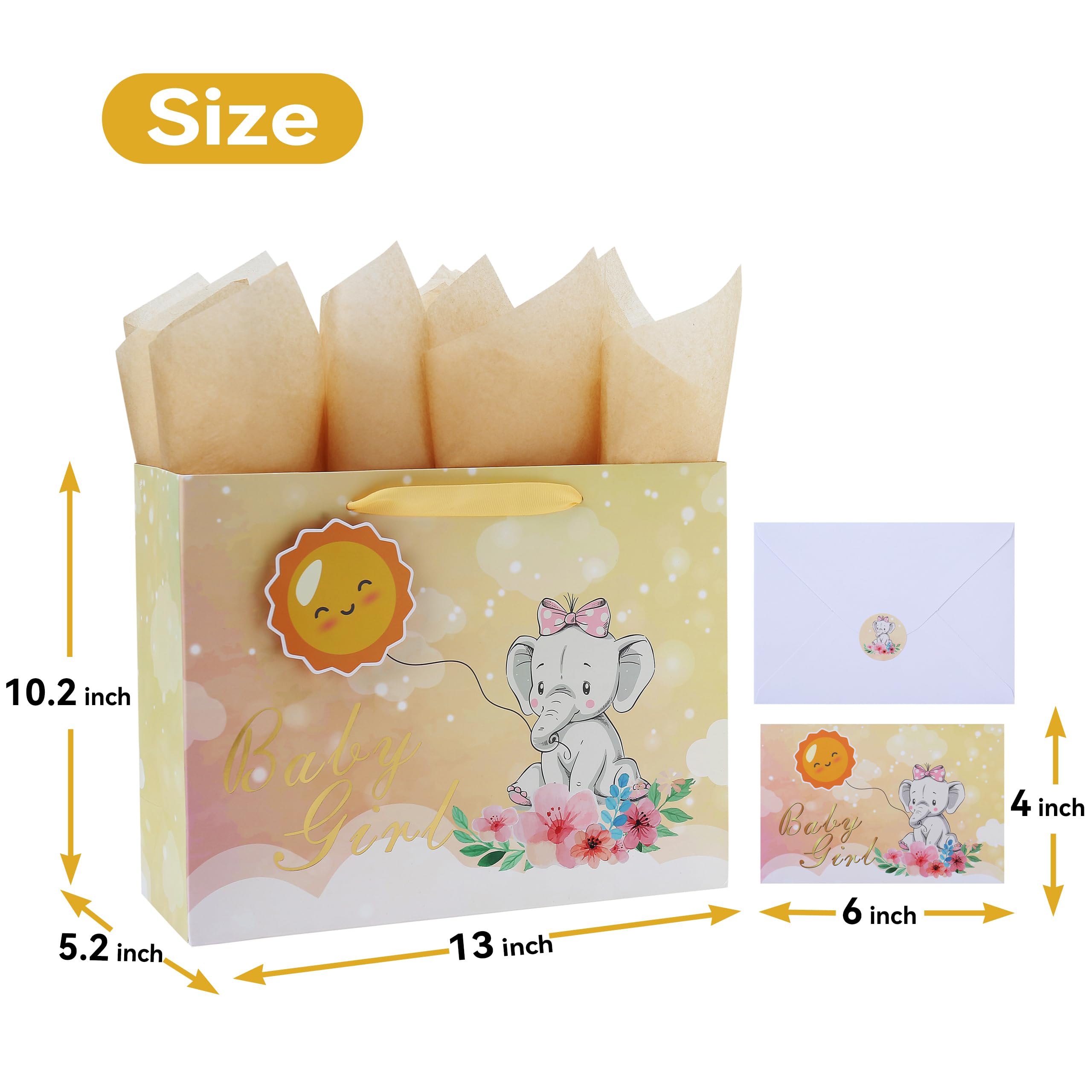 13” Large Light Yellow Cute Elephant Gift Bag Set with Greeting Card and Tissue Paper (3D Sun and Gold Foil ‘Baby Girl’) for Baby Girl, Baby Shower, Kids Birthday Party, Newborn, New Moms or Parents-13”x5.2”x10.2”, 1 Pcs.