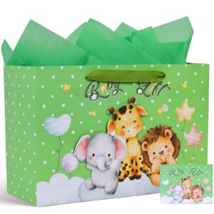 johouse 13" large baby boy gift bag, baby shower birthday gift bag with tissue paper ribbon greeting card green gender reveal bag for newborn 1st birthday party(forest animals design)