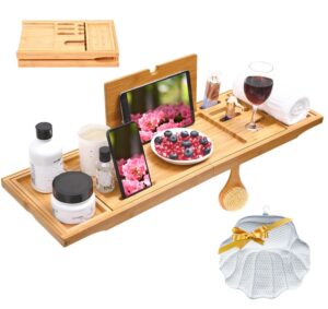 bathtub caddy tray, expandable bamboo bath tray waterproof for tub with wine holder built in book tablet integrated wineglass holder phone tray & accessories placement（expands to 43 inches）