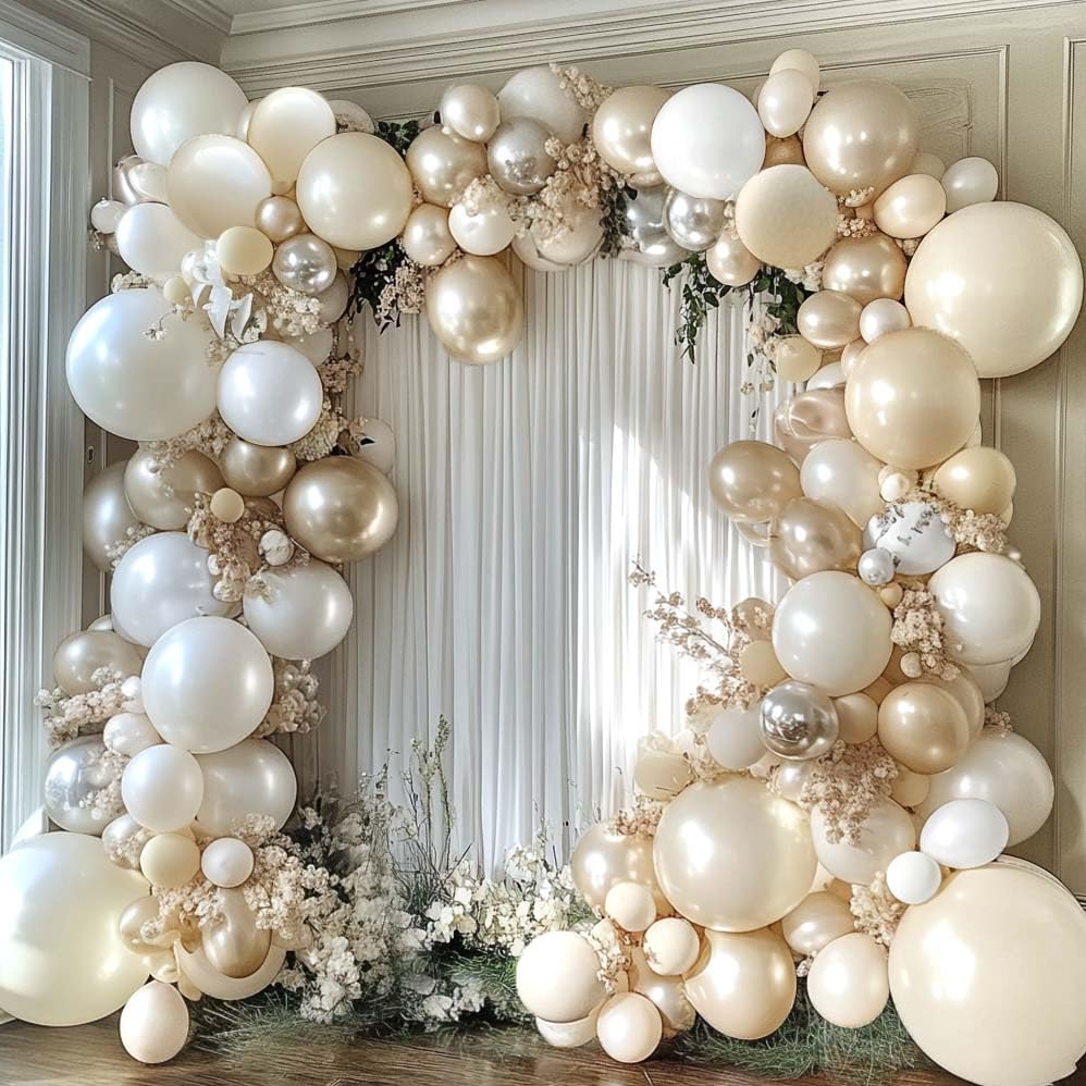 White Balloon Arch Pearl White Balloons Off White Gold Balloon Arch Kit Pearl White Sand Balloons Different Size For Wedding Bridal Anniversary Engagement Prom Party Decorations (WHITE GOLD)