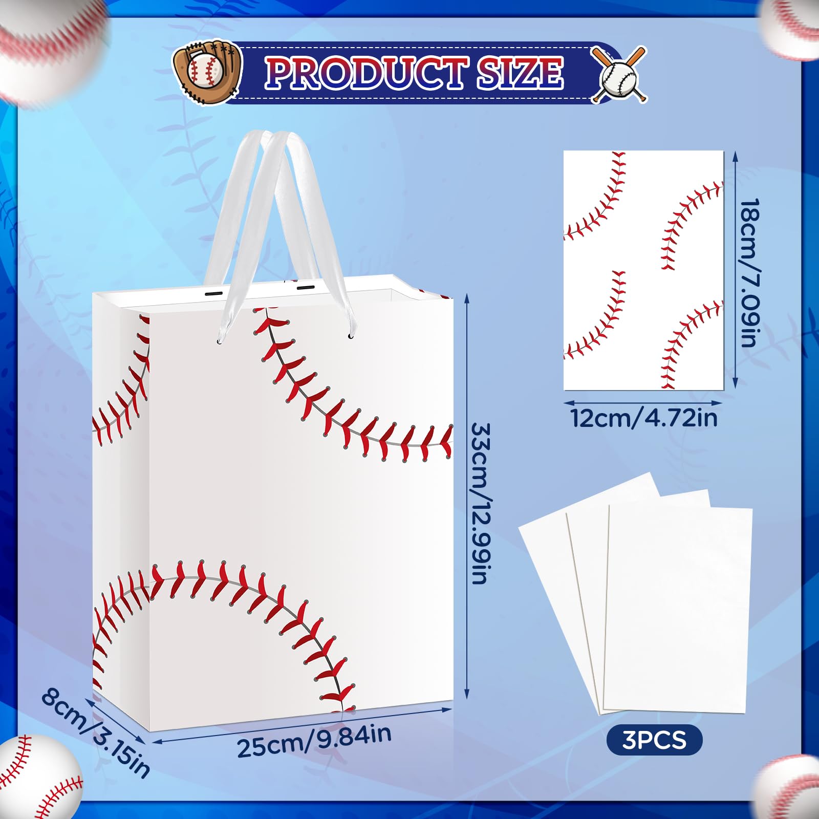 Baseball Party Gift Bag, Large White Baseball Gift Wrap Bags with Tissue Paper Greeting Card Decorations for Sport Party Favor Baseball Birthday Goodie Gifts Wrapping Bags for Kids Teens Team Supplies