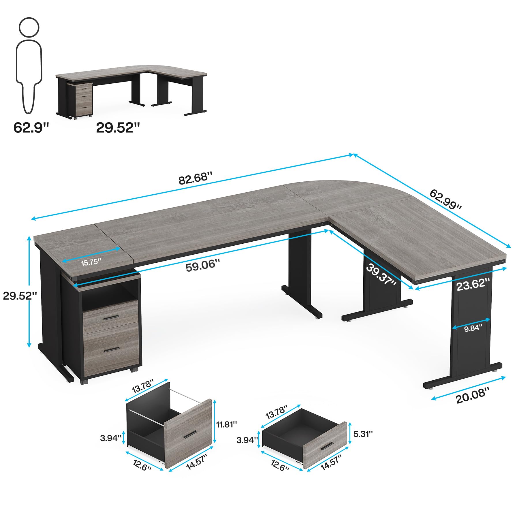 Tribesigns 83 Inch L-Shaped Desk with Drawers, Large Executive Office Desk with 3-Drawer File Cabinet, Industrial Corner Computer Desk Business Workstation Furniture for Home Office (Gray)