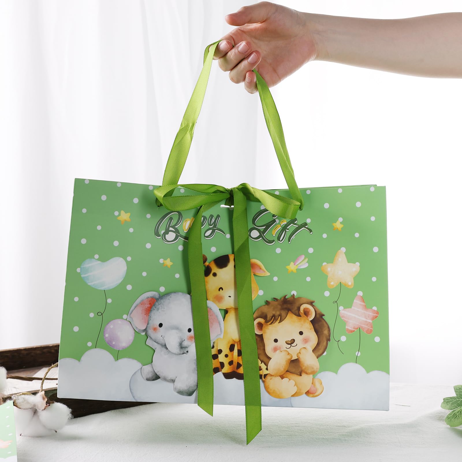 JOHOUSE 13" Large Baby Boy Gift Bag, Baby Shower Birthday Gift Bag with Tissue Paper Ribbon Greeting Card Green Gender Reveal Bag for Newborn 1st Birthday Party(Forest Animals Design)