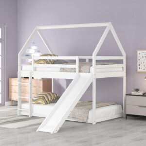 jintop twin size bunk house bed with slide and ladder,wooden loft bed frmae,w/pitched roof & safety guardrails,easy assembly,for kids teens girls boys bedroom,white