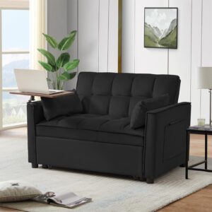 Velvet Sleeper Sofa Bed with Side Table, 3-in-1 Pull Out Loveseat with Adjustable Backrest, Modern Futon Couch with 2 Pockets and Pillows, Convertible Small Love Seat for Living Room, Bedroom, Black