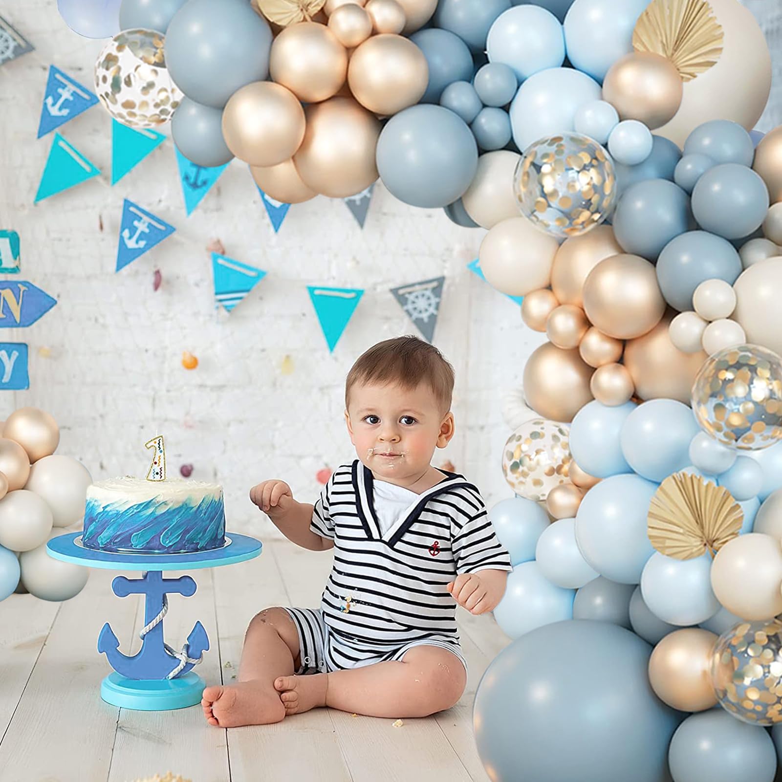 Dusty Baby Blue Balloons Arch Garland Kit with Champagne Balloons for Dusty Blue Baby Shower Decorations Birthday Boho Bridal Shower Party Decor