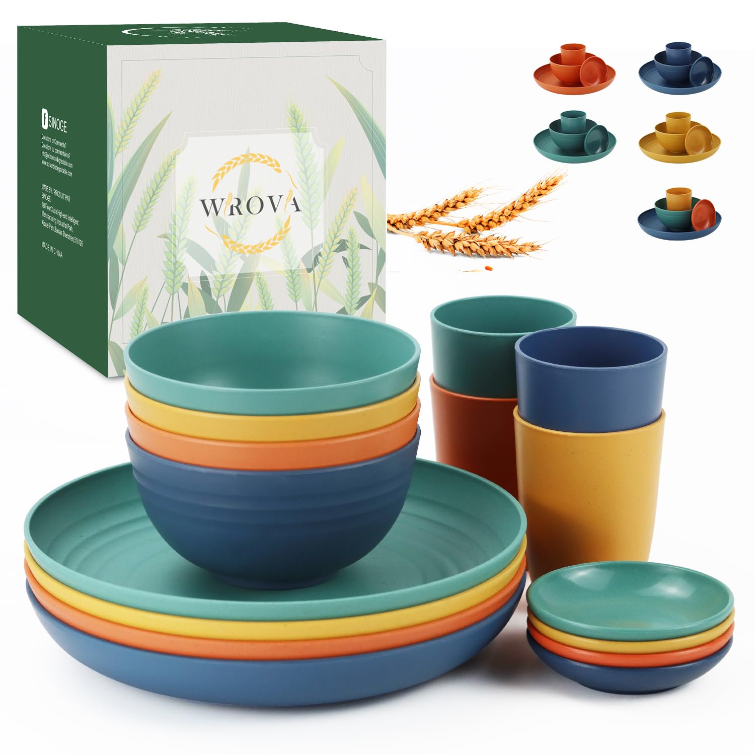 Wrova Wheat straw plates and bowls sets of 16 - Unbreakable wheat straw dinnerware sets for kids - Alternative plastic dinnerware set service for 4 - Microwave safe and Dishwasher safe bowls. Colorful